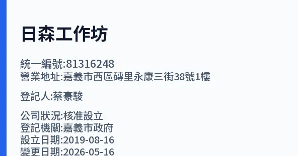 日森工作坊的照片-統編 81316248(嘉義市) 公司登記資料與營業項目詳細圖表