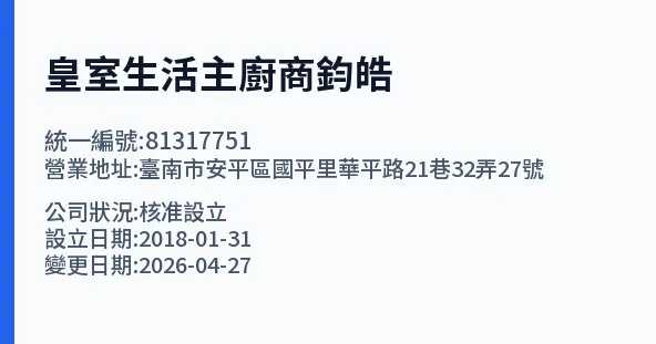 皇室生活主廚商鈞皓的照片-統編 81317751(臺南市) 公司登記資料與營業項目詳細圖表