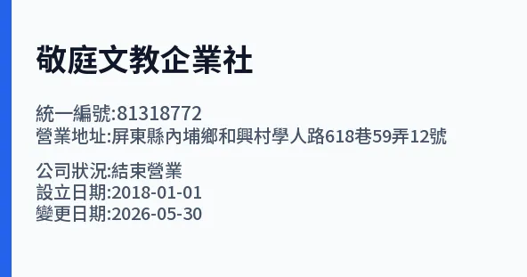 敬庭文教企業社的照片-統編 81318772(屏東縣) 公司登記資料與營業項目詳細圖表