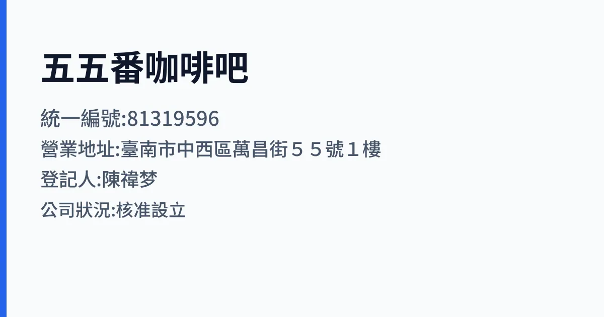 五五番咖啡吧 - 統編 81319596(臺南市) 公司登記資料與營業項目詳細圖表