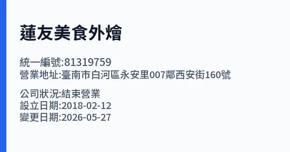 蓮友美食外燴的照片-統編 81319759(臺南市) 公司登記資料與營業項目詳細圖表