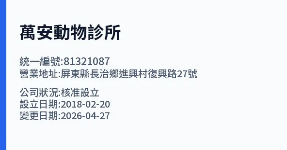 萬安動物診所的照片-統編 81321087(屏東縣) 公司登記資料與營業項目詳細圖表