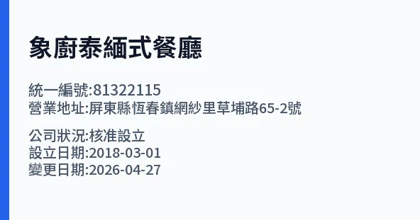 象廚泰緬式餐廳的照片-統編 81322115(屏東縣) 公司登記資料與營業項目詳細圖表