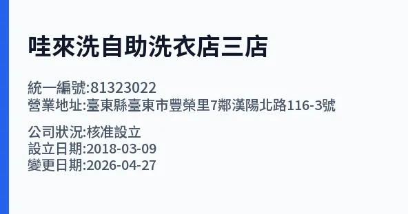 哇來洗自助洗衣店三店的照片-統編 81323022(臺東縣) 公司登記資料與營業項目詳細圖表