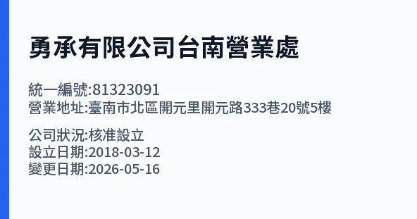 勇承有限公司台南營業處的照片-統編 81323091(臺南市) 公司登記資料與營業項目詳細圖表