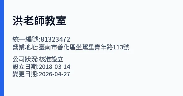 洪老師教室的照片-統編 81323472(臺南市) 公司登記資料與營業項目詳細圖表