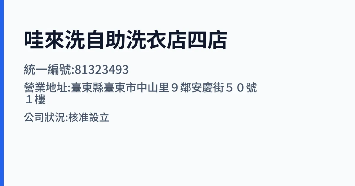 哇來洗自助洗衣店四店 - 統編 81323493(臺東縣) 公司登記資料與營業項目詳細圖表