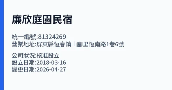 廉欣庭園民宿的照片-統編 81324269(屏東縣) 公司登記資料與營業項目詳細圖表