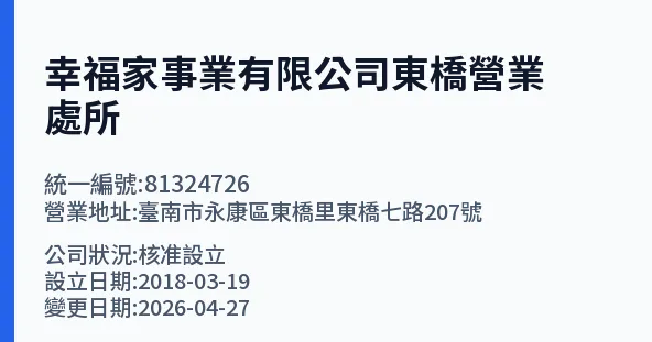 幸福家事業有限公司東橋營業處所的照片-統編 81324726(臺南市) 公司登記資料與營業項目詳細圖表