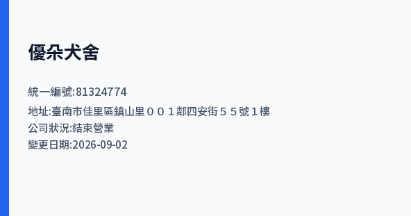 優朵犬舍的照片-統編 81324774(臺南市) 公司登記資料與營業項目詳細圖表
