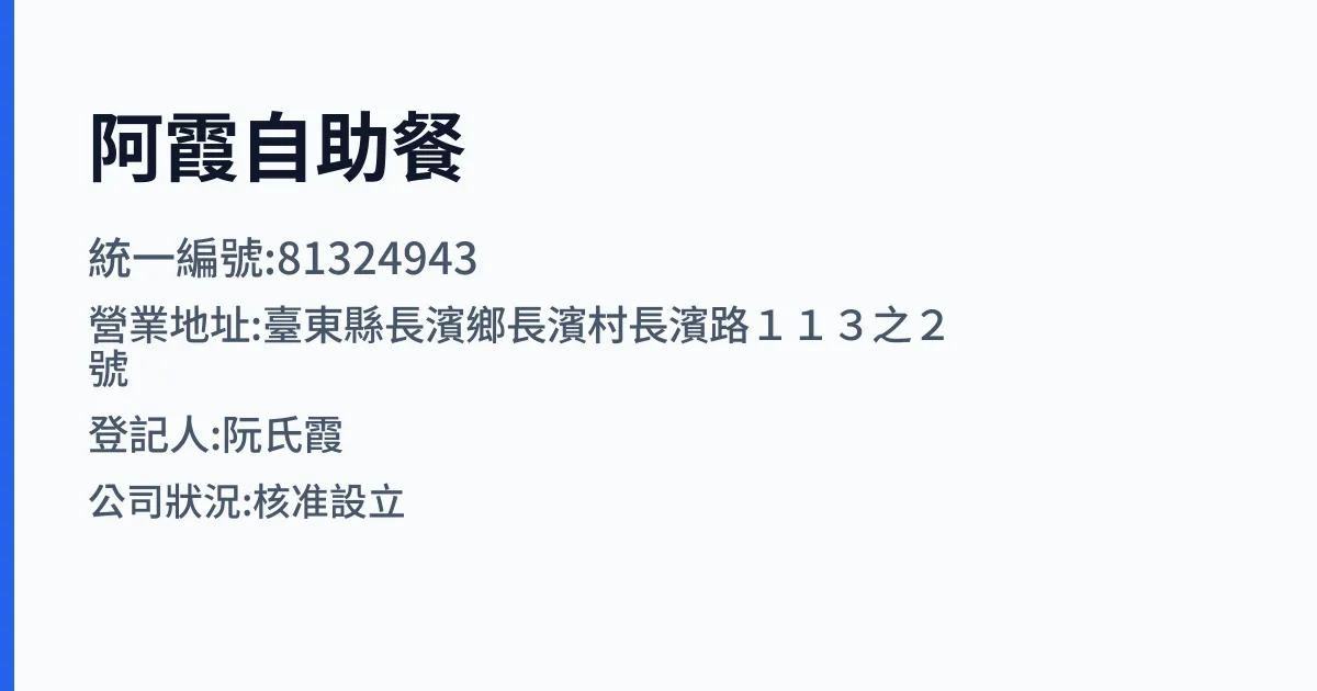 阿霞自助餐 - 統編 81324943(臺東縣) 公司登記資料與營業項目詳細圖表