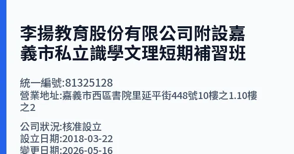 李揚教育股份有限公司附設嘉義市私立識學文理短期補習班的照片-統編 81325128(嘉義市) 公司登記資料與營業項目詳細圖表