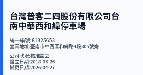 台灣普客二四股份有限公司台南中華西和緯停車場的照片-統編 81325653(臺南市) 公司登記資料與營業項目詳細圖表
