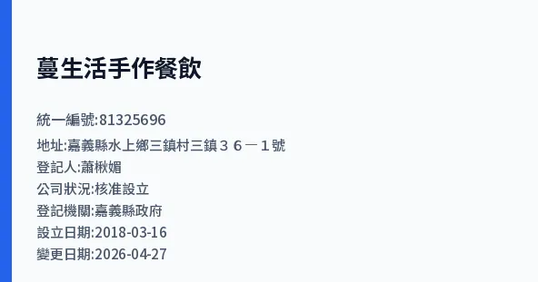 蔓生活手作餐飲的照片-統編 81325696(嘉義縣) 公司登記資料與營業項目詳細圖表