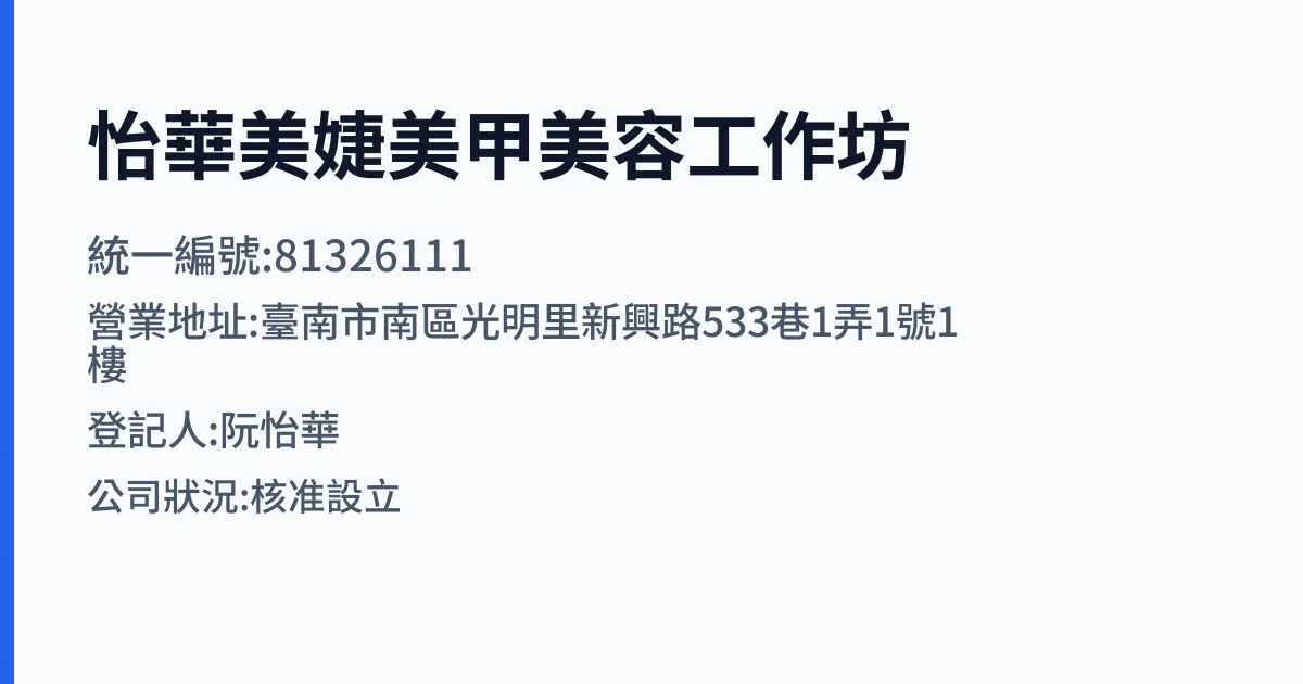怡華美婕美甲美容工作坊 - 統編 81326111(臺南市) 公司登記資料與營業項目詳細圖表