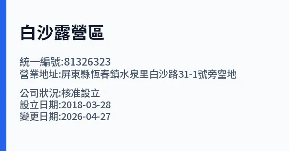 白沙露營區的照片-統編 81326323(屏東縣) 公司登記資料與營業項目詳細圖表