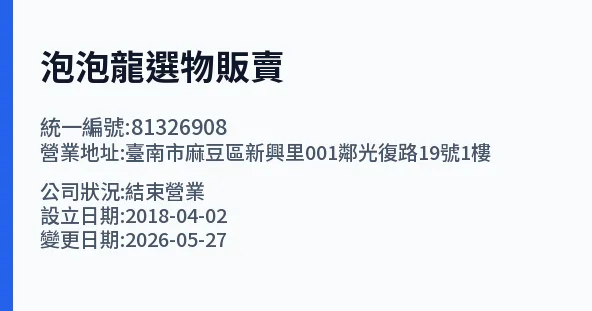 泡泡龍選物販賣的照片-統編 81326908(臺南市) 公司登記資料與營業項目詳細圖表