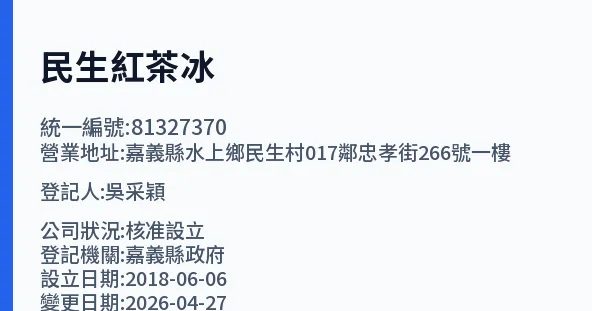 民生紅茶冰的照片-統編 81327370(嘉義縣) 公司登記資料與營業項目詳細圖表