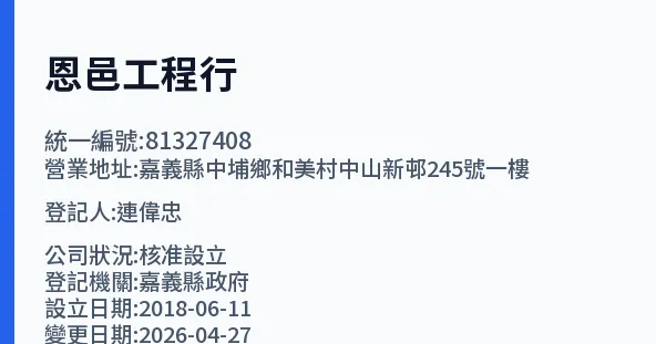 恩邑工程行的照片-統編 81327408(嘉義縣) 公司登記資料與營業項目詳細圖表