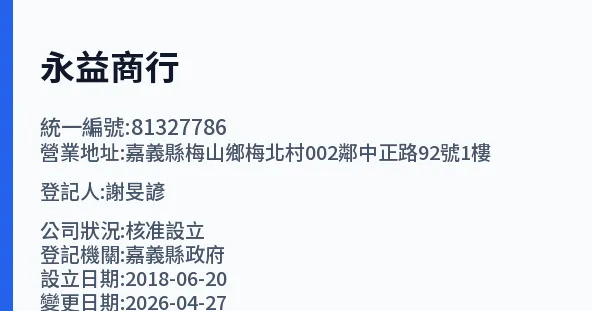 永益商行的照片-統編 81327786(嘉義縣) 公司登記資料與營業項目詳細圖表