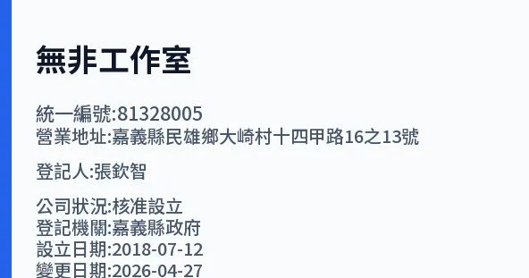 無非工作室的照片-統編 81328005(嘉義縣) 公司登記資料與營業項目詳細圖表