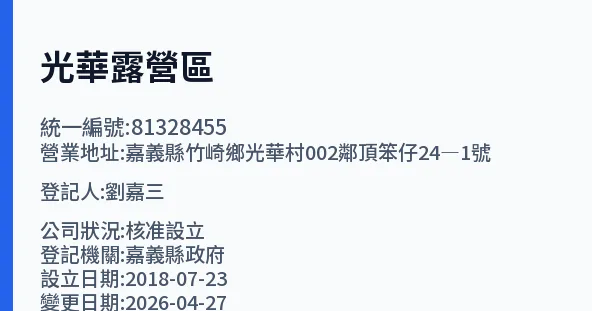 光華露營區的照片-統編 81328455(嘉義縣) 公司登記資料與營業項目詳細圖表