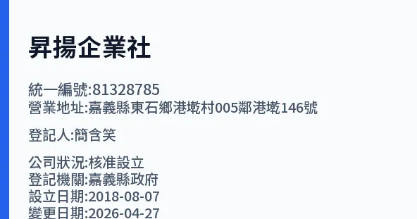 昇揚企業社的照片-統編 81328785(嘉義縣) 公司登記資料與營業項目詳細圖表