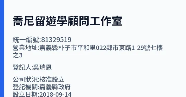 喬尼留遊學顧問工作室的照片-統編 81329519(嘉義縣) 公司登記資料與營業項目詳細圖表