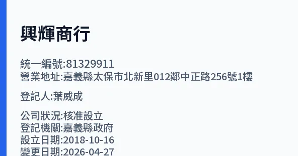 興輝商行的照片-統編 81329911(嘉義縣) 公司登記資料與營業項目詳細圖表