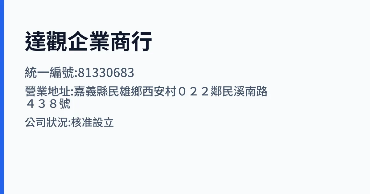 達觀企業商行 - 統編 81330683(嘉義縣) 公司登記資料與營業項目詳細圖表