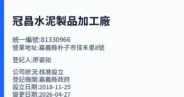 冠昌水泥製品加工廠的照片-統編 81330966(嘉義縣) 公司登記資料與營業項目詳細圖表