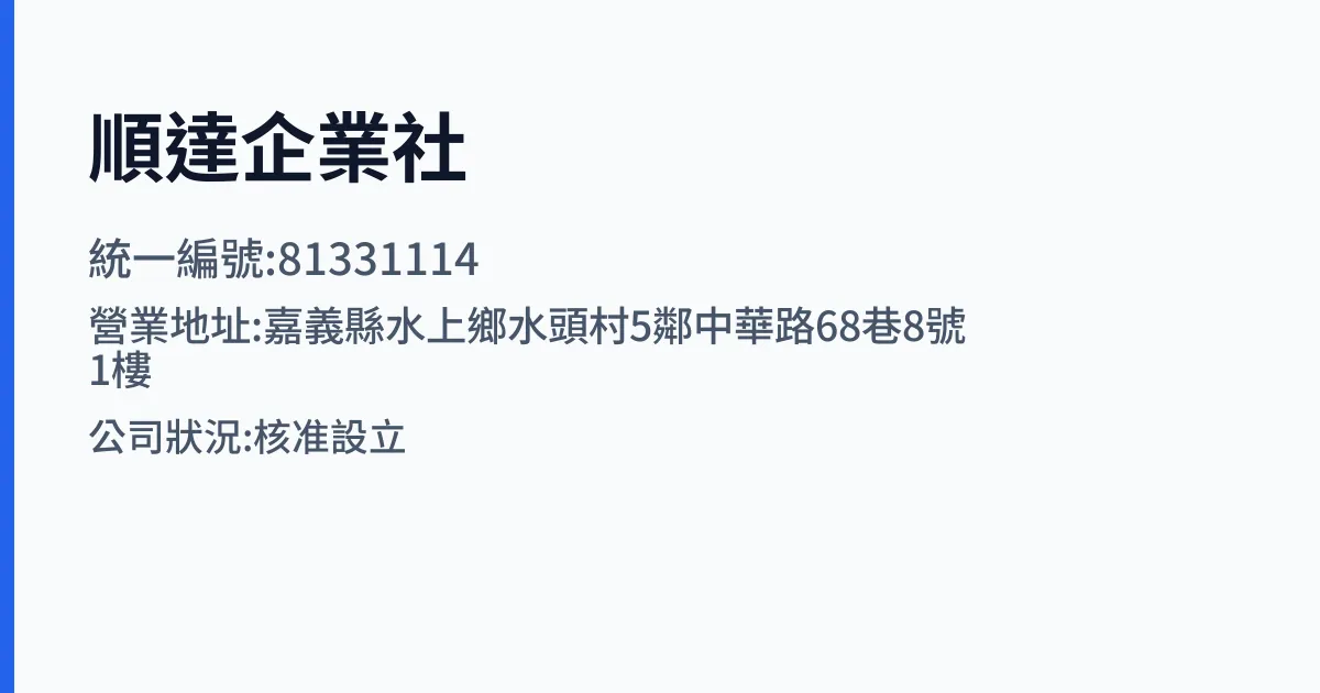 順達企業社 - 統編 81331114(嘉義縣) 公司登記資料與營業項目詳細圖表