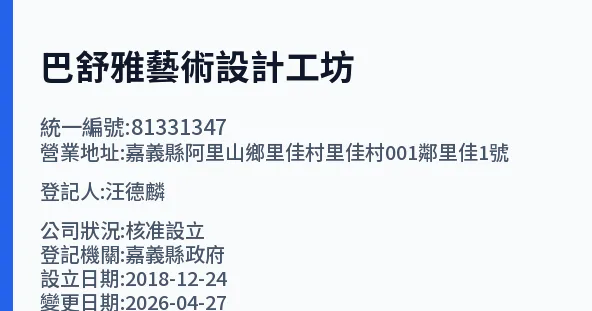 巴舒雅藝術設計工坊的照片-統編 81331347(嘉義縣) 公司登記資料與營業項目詳細圖表