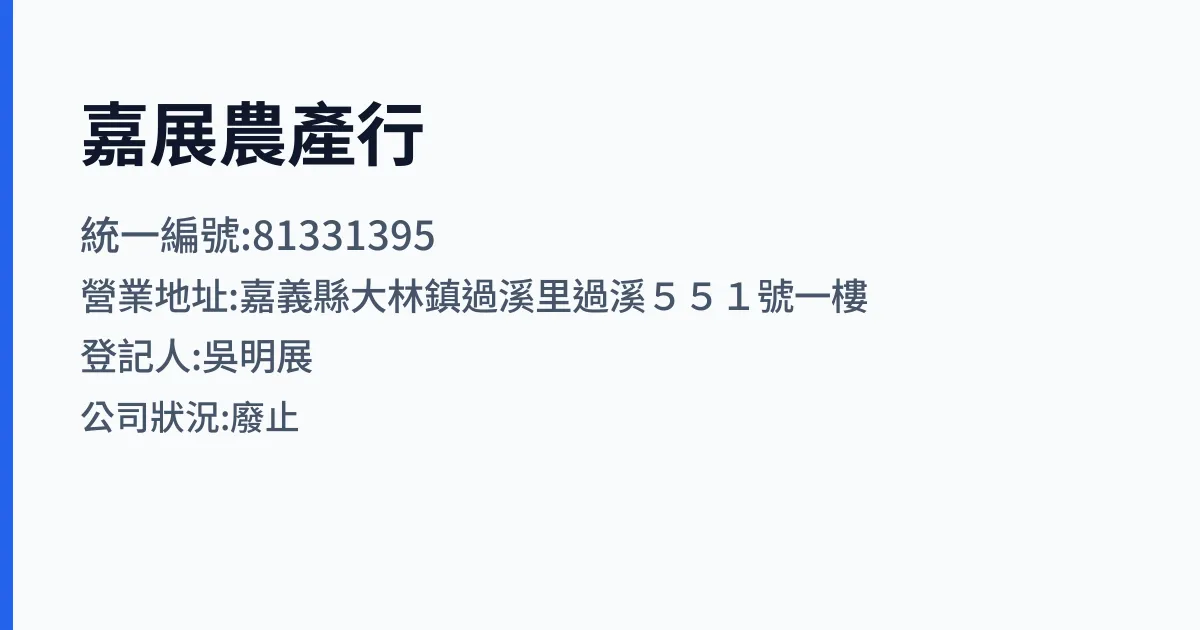 嘉展農產行 - 統編 81331395(嘉義縣) 公司登記資料與營業項目詳細圖表