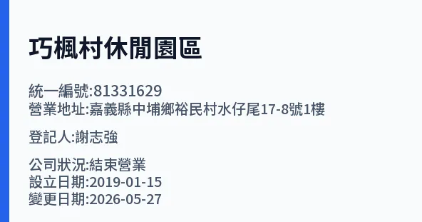 巧楓村休閒園區的照片-統編 81331629(嘉義縣) 公司登記資料與營業項目詳細圖表