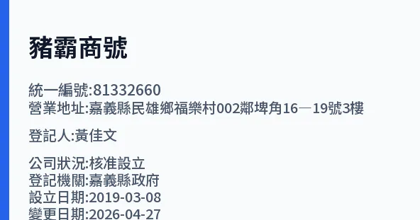 豬霸商號的照片-統編 81332660(嘉義縣) 公司登記資料與營業項目詳細圖表