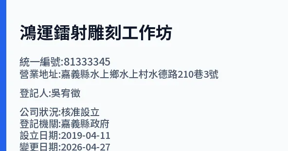 鴻運鐳射雕刻工作坊的照片-統編 81333345(嘉義縣) 公司登記資料與營業項目詳細圖表