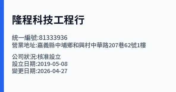 隆程科技工程行的照片-統編 81333936(嘉義縣) 公司登記資料與營業項目詳細圖表