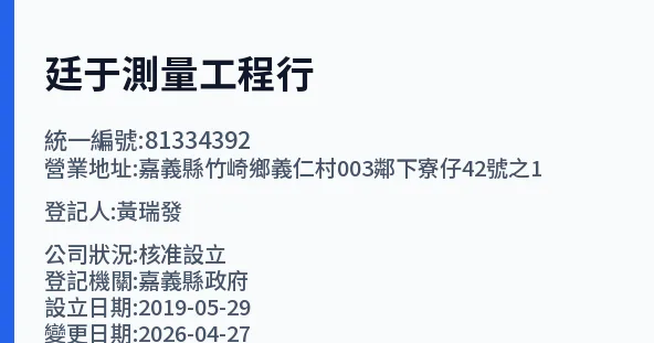 廷于測量工程行的照片-統編 81334392(嘉義縣) 公司登記資料與營業項目詳細圖表