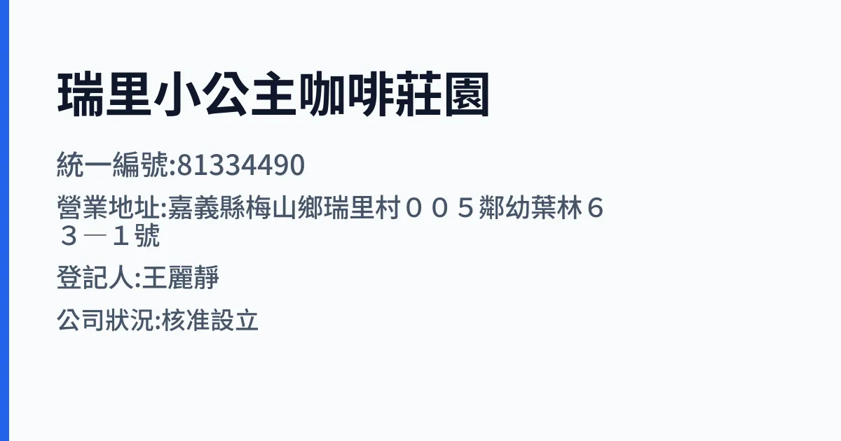 瑞里小公主咖啡莊園 - 統編 81334490(嘉義縣) 公司登記資料與營業項目詳細圖表