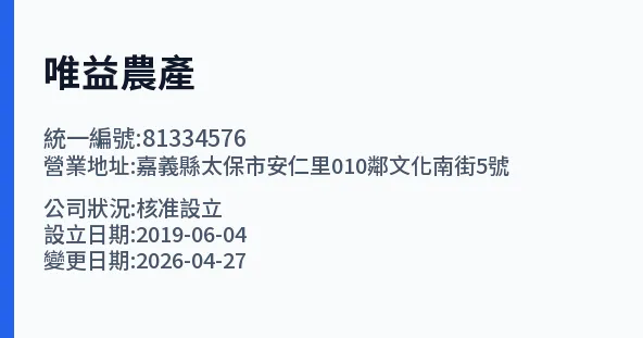 唯益農產的照片-統編 81334576(嘉義縣) 公司登記資料與營業項目詳細圖表