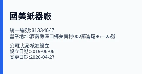 國美紙器廠的照片-統編 81334647(嘉義縣) 公司登記資料與營業項目詳細圖表