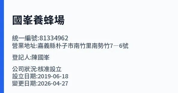國峯養蜂場的照片-統編 81334962(嘉義縣) 公司登記資料與營業項目詳細圖表