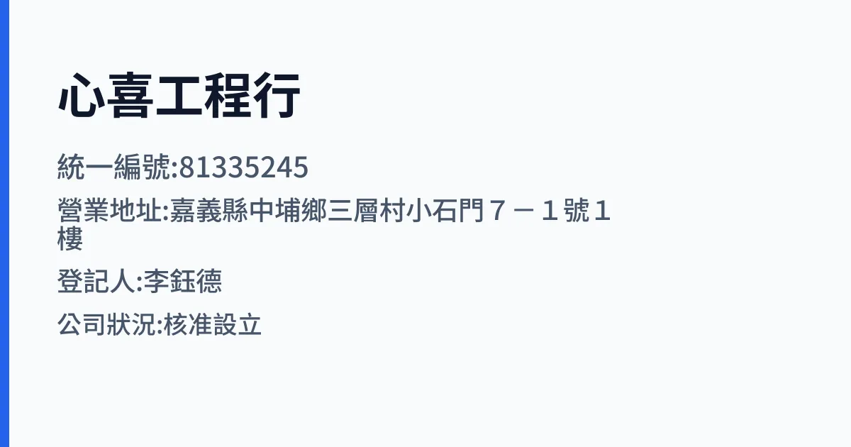 心喜工程行 - 統編 81335245(嘉義縣) 公司登記資料與營業項目詳細圖表