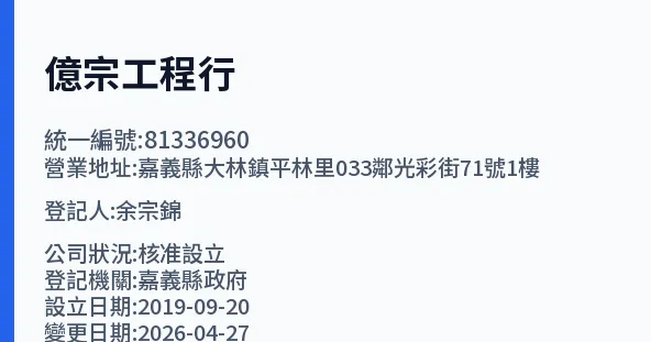 億宗工程行的照片-統編 81336960(嘉義縣) 公司登記資料與營業項目詳細圖表