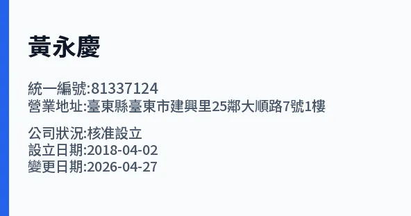 黃永慶的照片-統編 81337124(臺東縣) 公司登記資料與營業項目詳細圖表