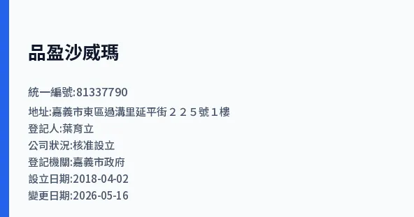品盈沙威瑪的照片-統編 81337790(嘉義市) 公司登記資料與營業項目詳細圖表