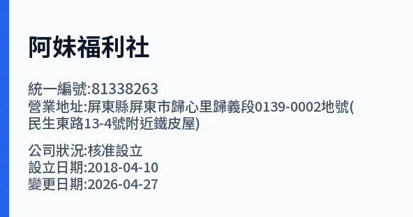 阿妹福利社的照片-統編 81338263(屏東縣) 公司登記資料與營業項目詳細圖表