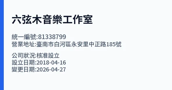 六弦木音樂工作室的照片-統編 81338799(臺南市) 公司登記資料與營業項目詳細圖表