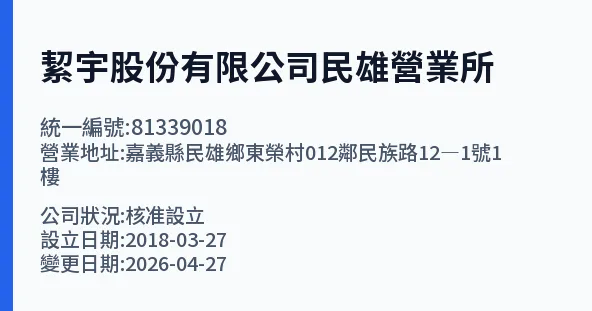 絜宇股份有限公司民雄營業所的照片-統編 81339018(嘉義縣) 公司登記資料與營業項目詳細圖表